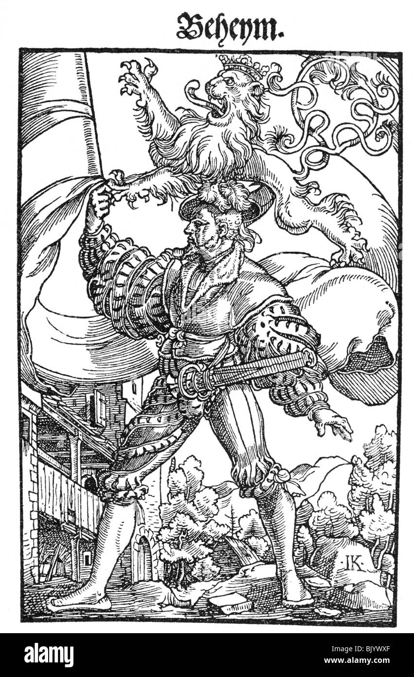 military, landsknechts, colour bearer with the flag of Bohemia, woodcut ...