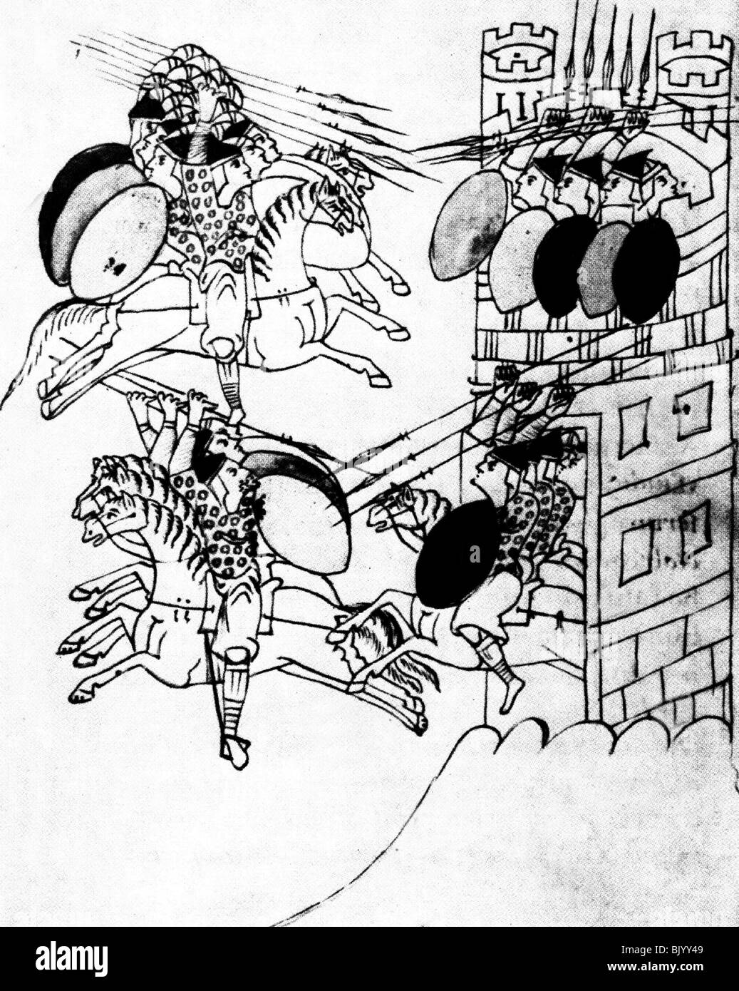 Middle Ages, war, defence of a city against the Hungarians, drawing ...