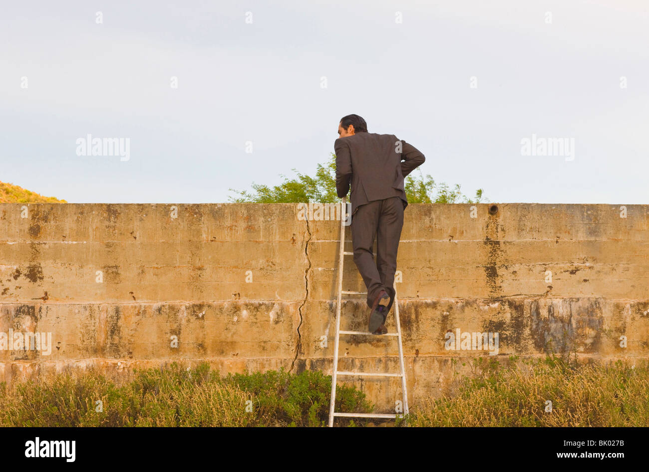 Businessman climbing over the wall Stock Photo - Alamy