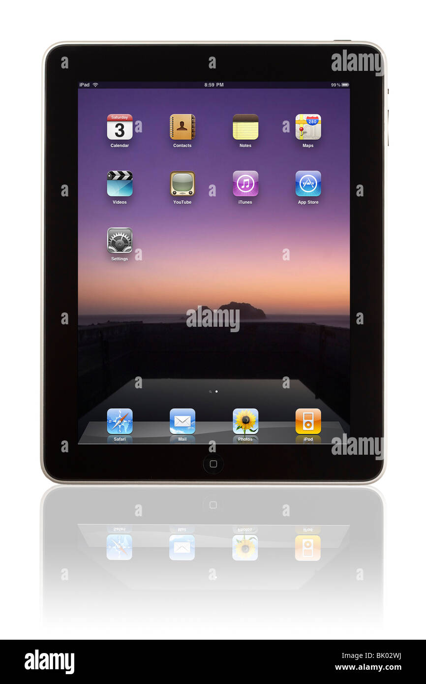 An iPad tablet computer and its home screen with default install ...