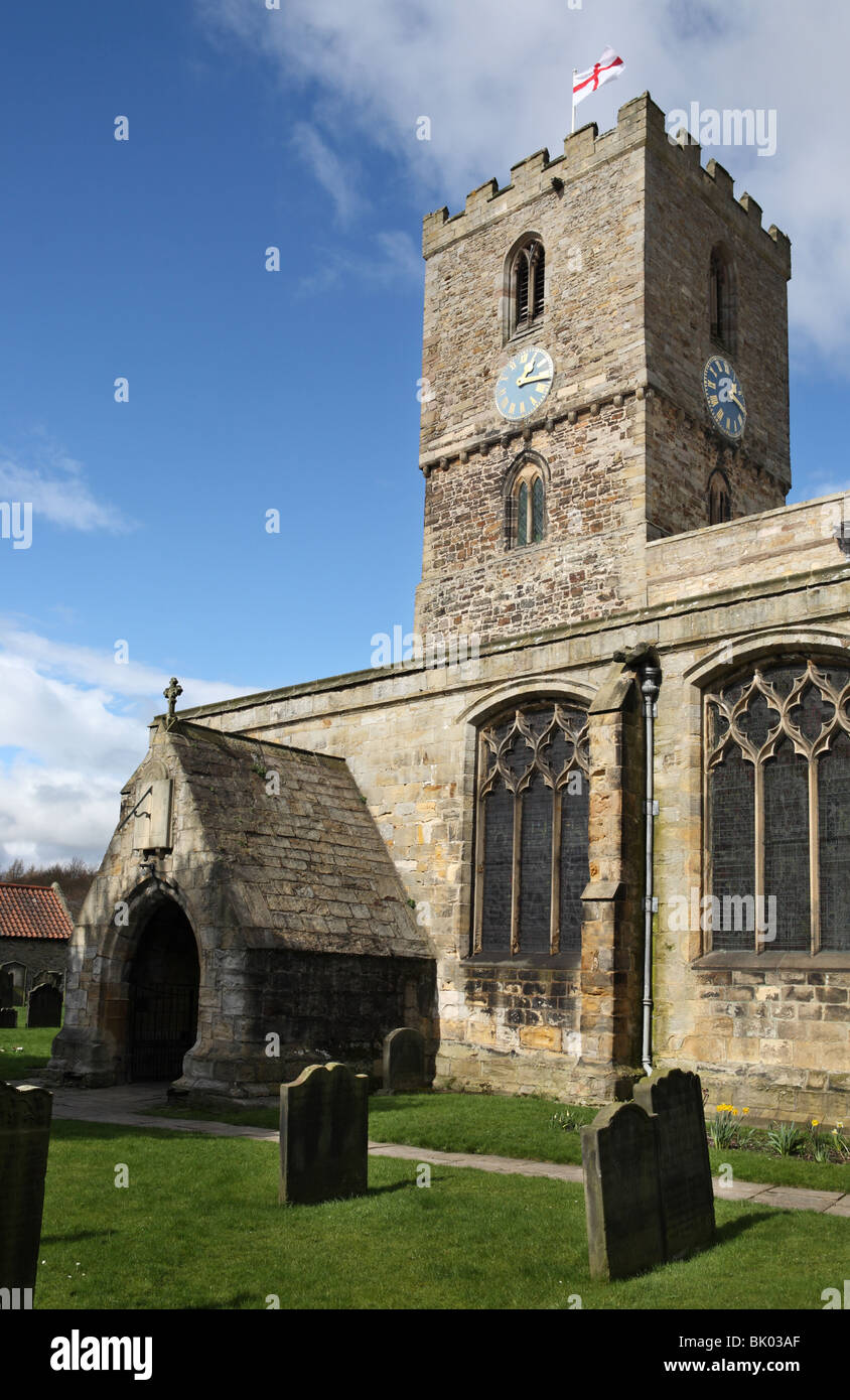 The entrance porch and clock tower, St Mary's church Staindrop, Co ...