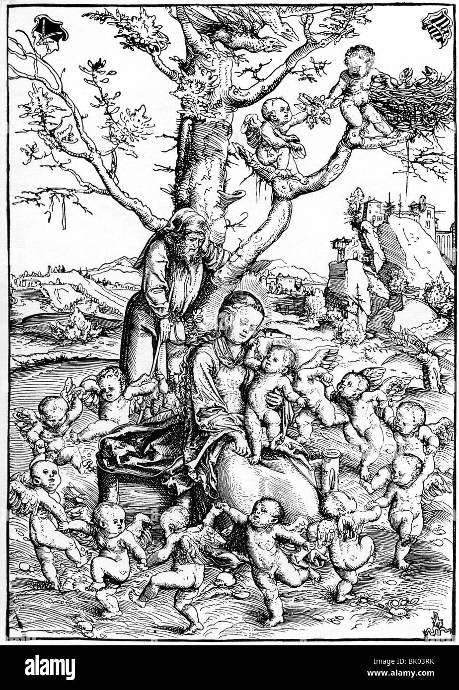 religion, Christianity, Mary, holy family with angel roundel, woodcut ...