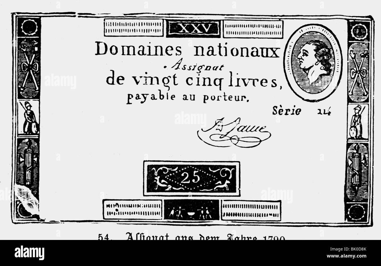 money / finance, assignats, assignat for 25 Livres, series 14, France ...