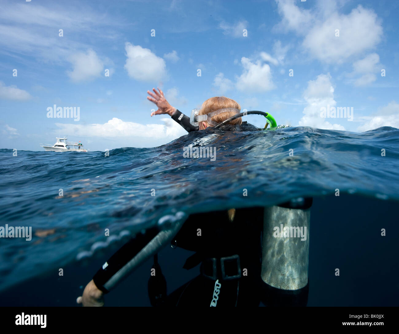 Scuba diver, floating in ocean, waves to show distress and that she ...