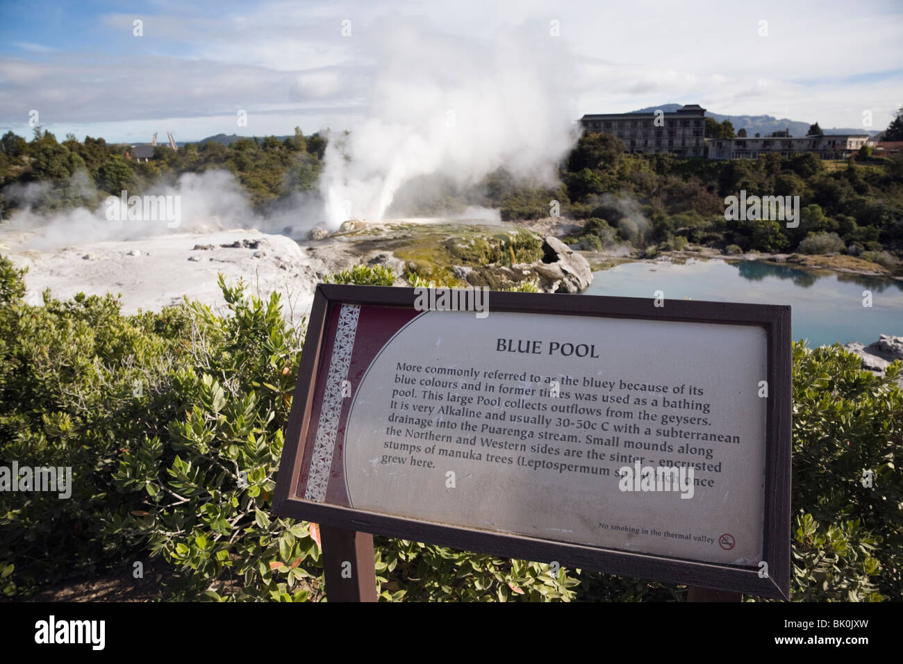 Rotorua North Island New Zealand. Blue Pool sign with Pohutu geyser ...