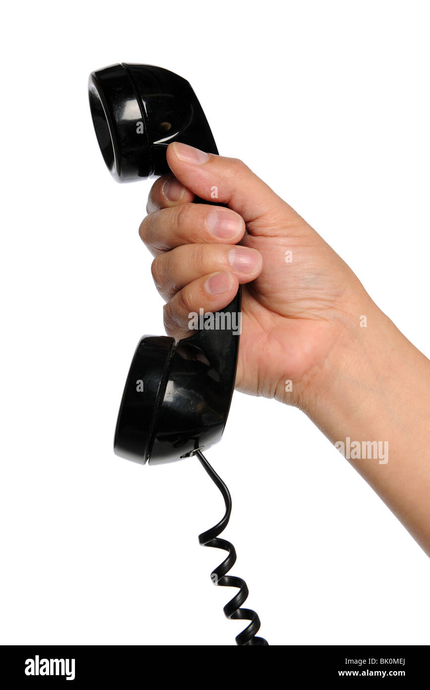 Man's hand holding vintage phone receiver isolated over white ...