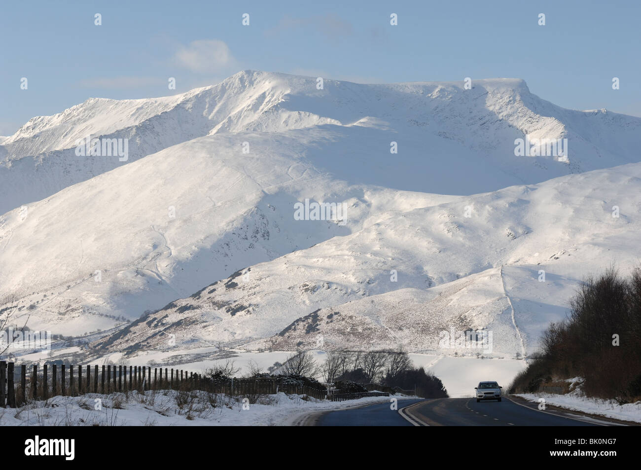 Snow covered Blencathra north of the A66 trunk road in England's Lake ...