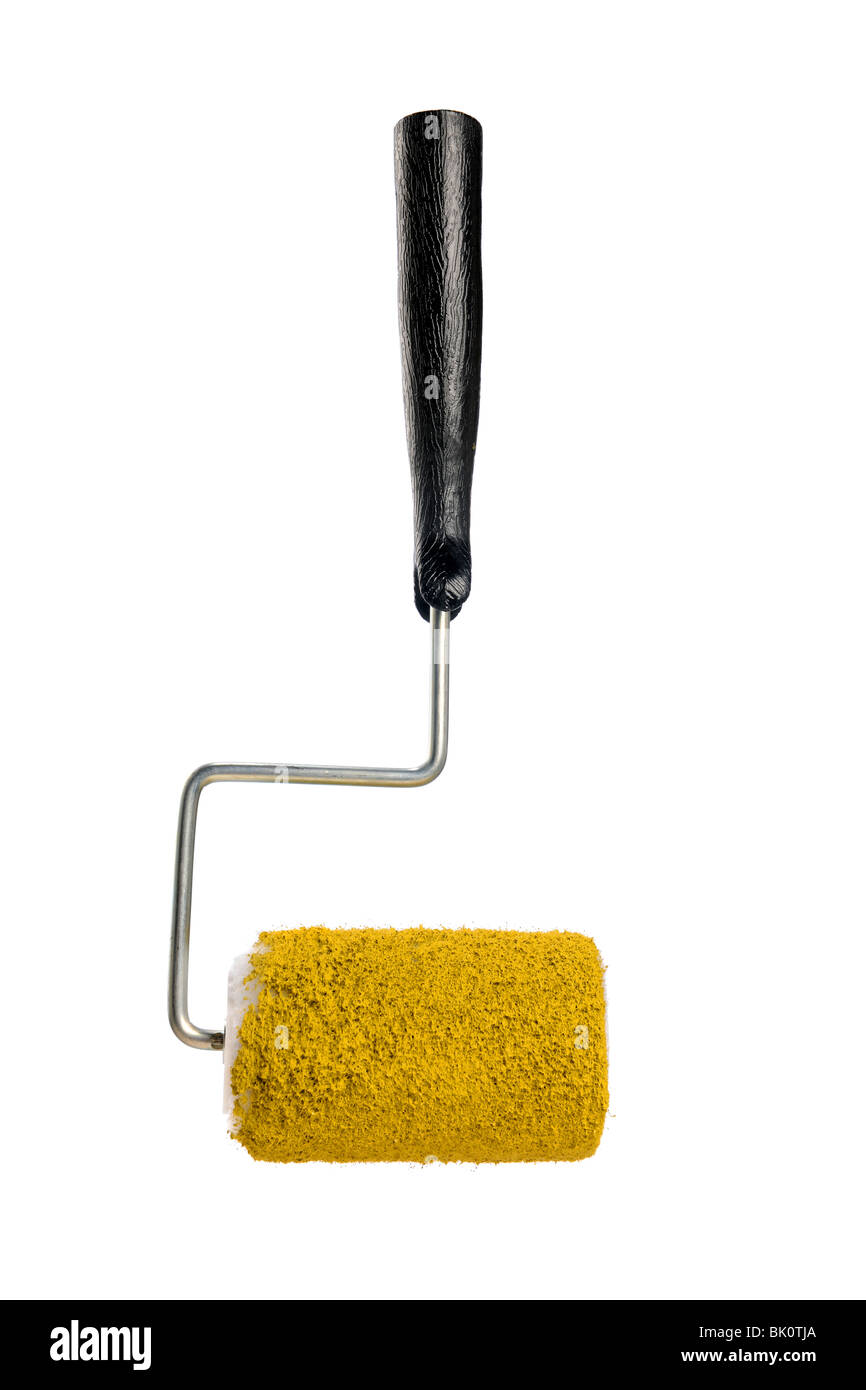 Roller with yellow paint isolated over white background Stock Photo - Alamy