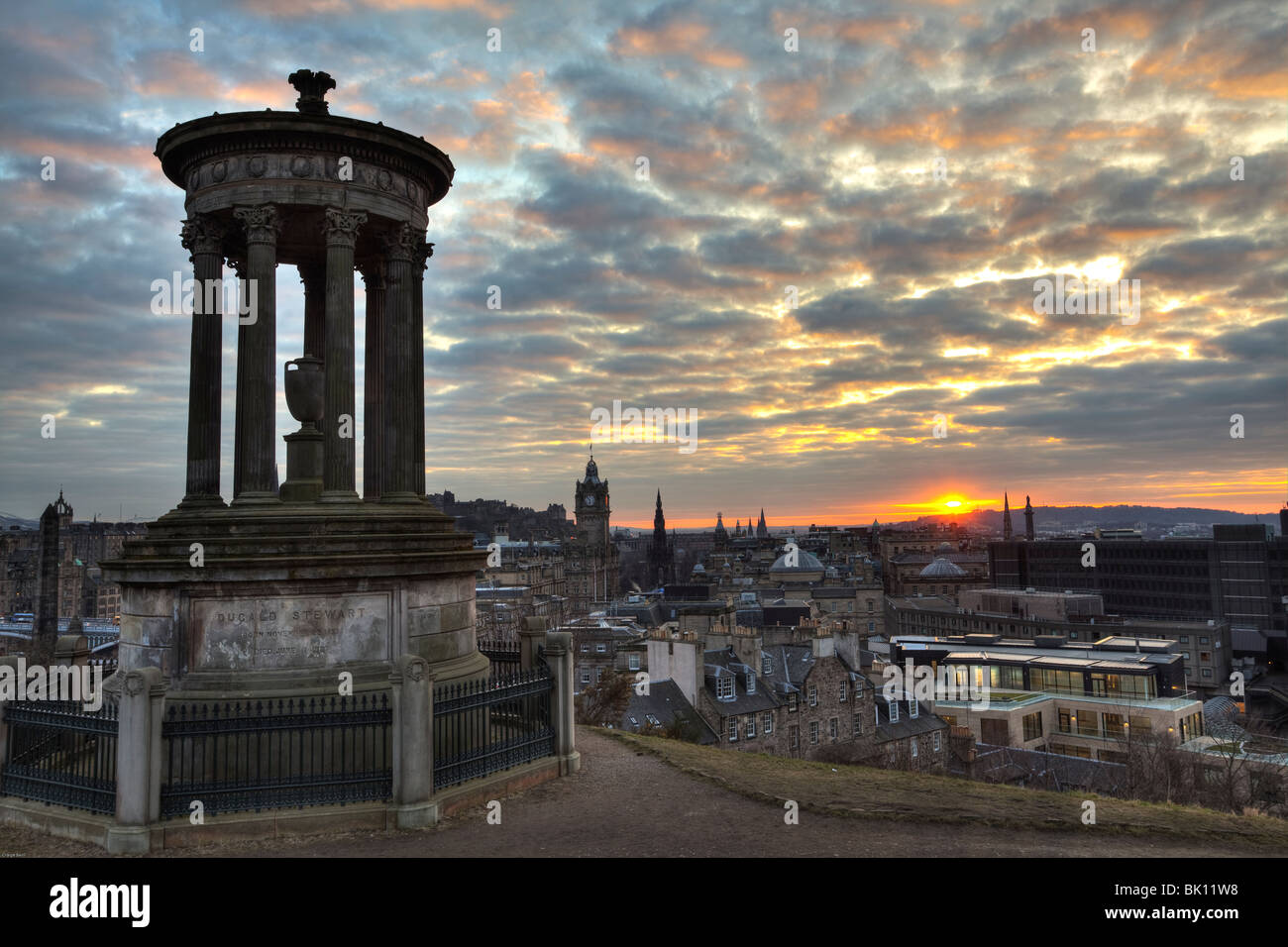 Stewart monument on Calton Hill in the centre of Edinburgh at sunset ...