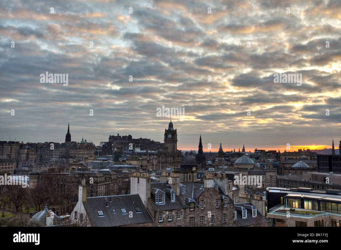 The view across the centre of Edinburgh at sunset taken from the top of ...