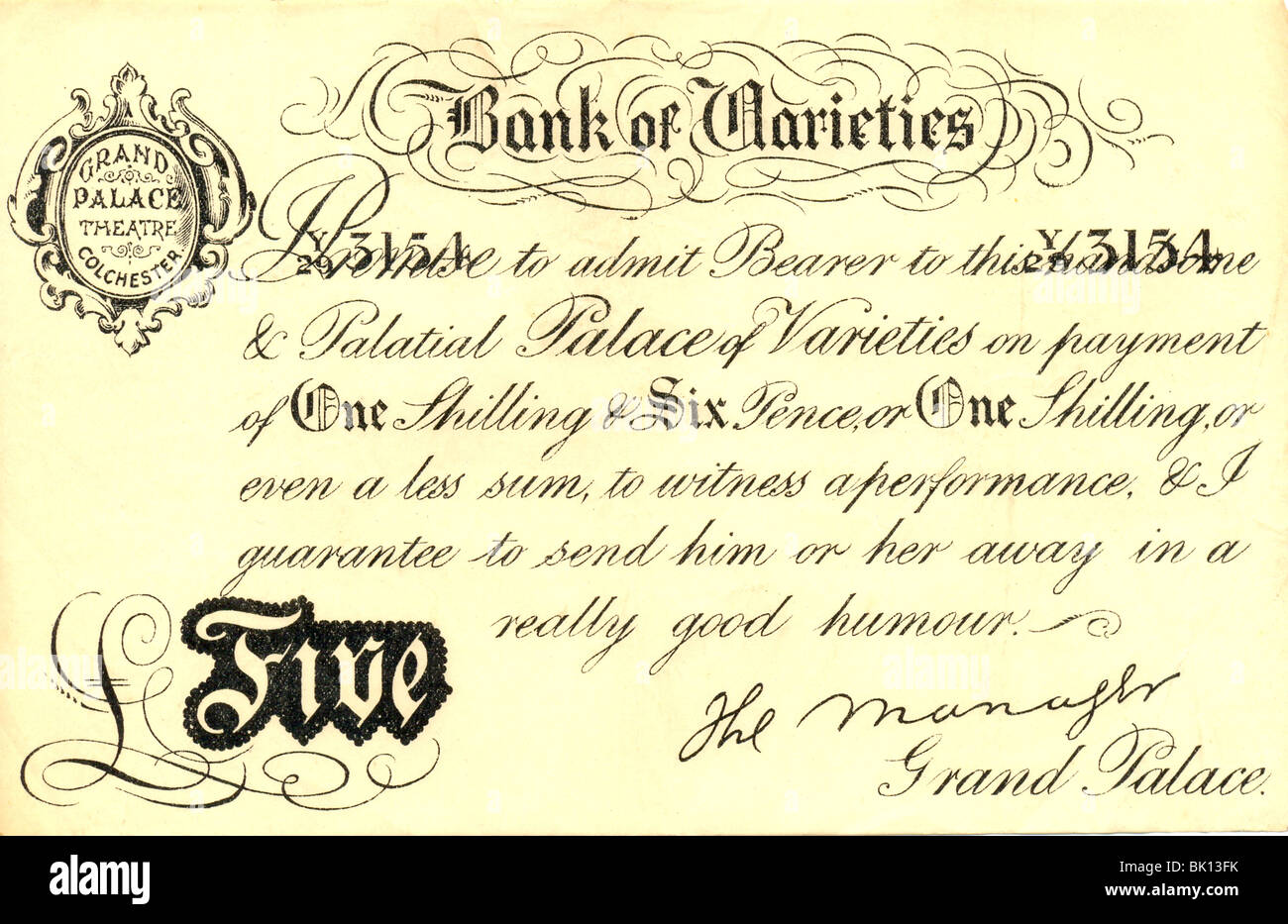 Spoof cheque advertising Grand Palace Theatre, Colchester Stock Photo ...