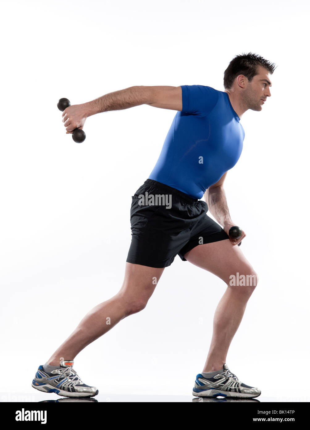 man doing workout Lunges Triceps Extension on white isolated background ...