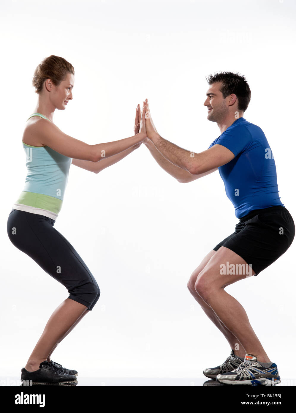 one caucasian couple man aerobic trainer positioning woman Workout ...