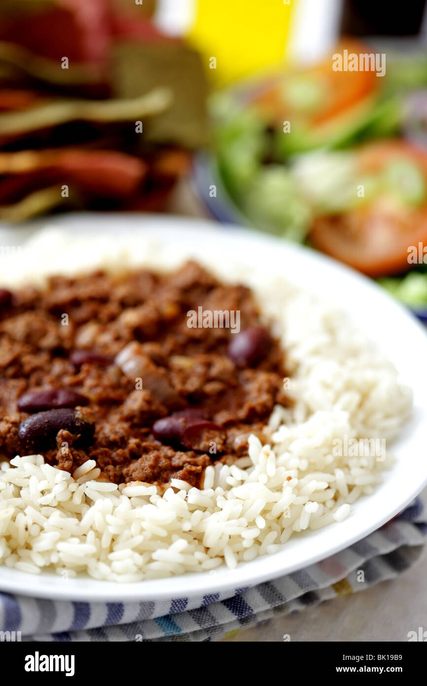 Chilli Con Carne with Boiled Rice Stock Photo - Alamy