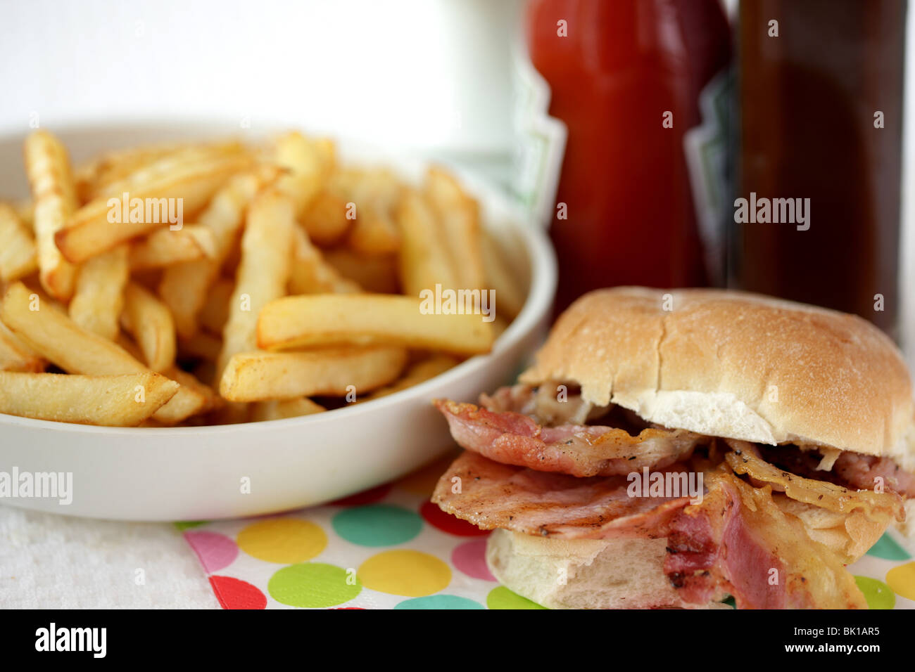 Freshly Cooked Grilled or Fried Bacon In A White Bread Roll Or Bap With ...