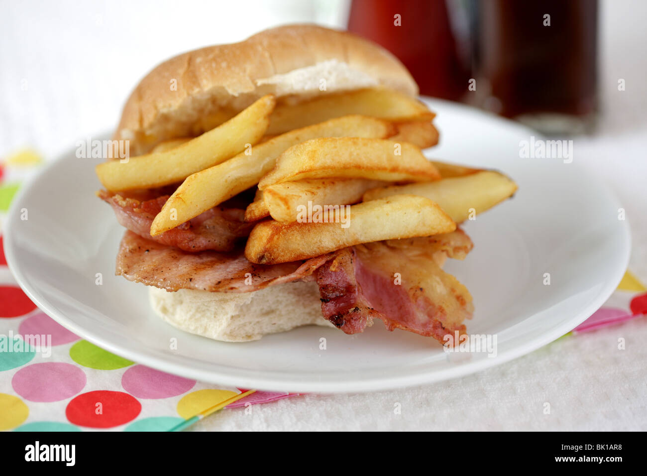 Freshly Cooked Grilled or Fried Bacon In A White Bread Roll Or Bap With ...
