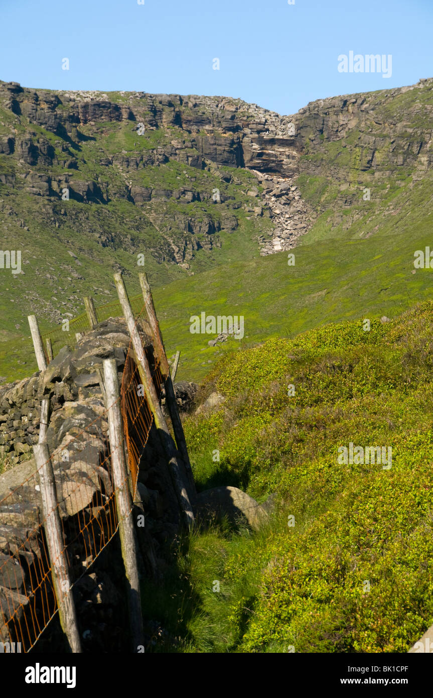 A dry Kinder Downfall waterfall from below the Kinder Scout plateau ...