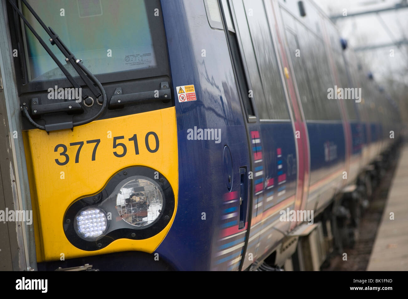 Close up of light details on the front of a class 377 electrostar train in First Capital Connect ...