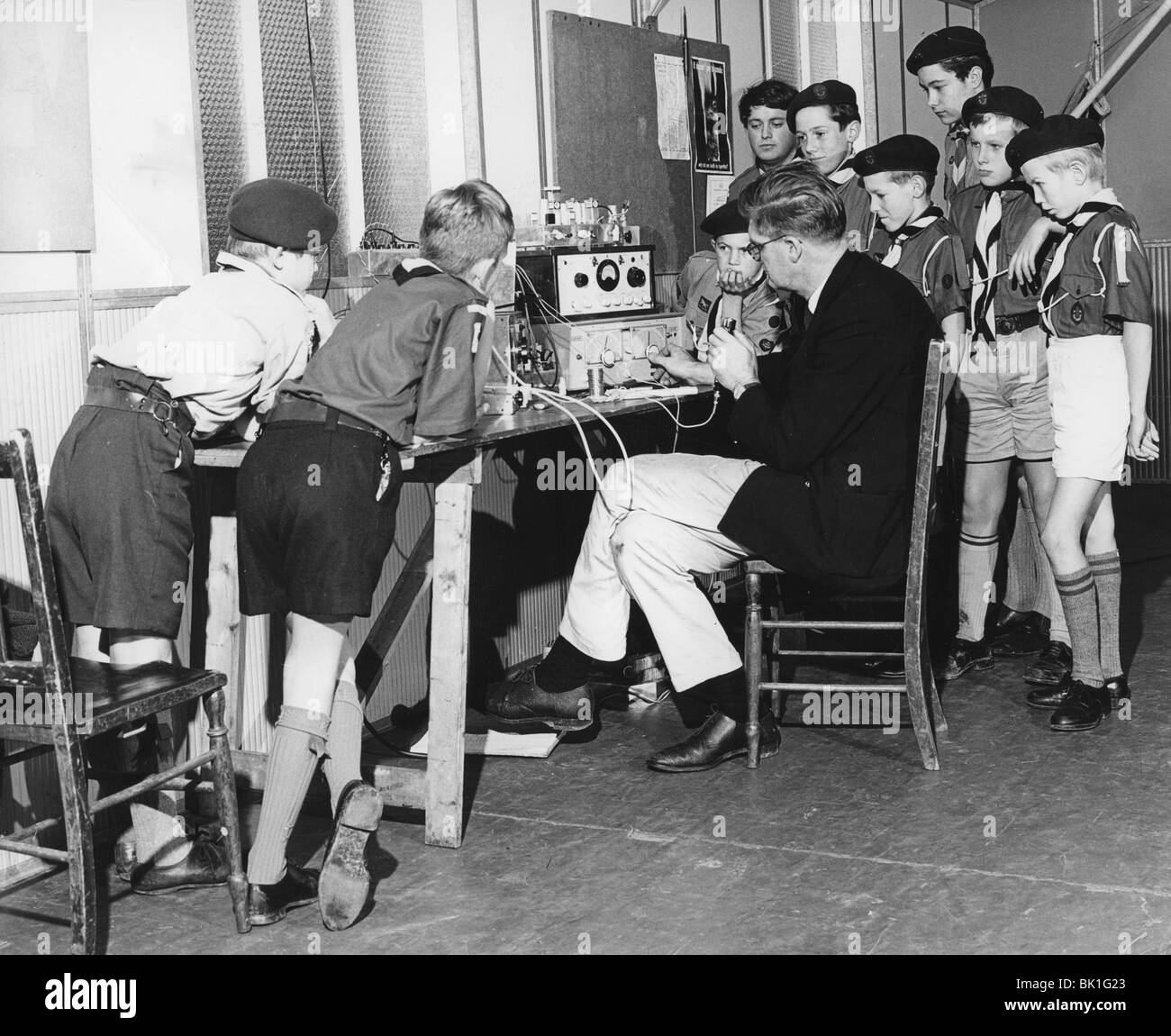 Boy scouts learning radio transmitting, 1960s Stock Photo - Alamy