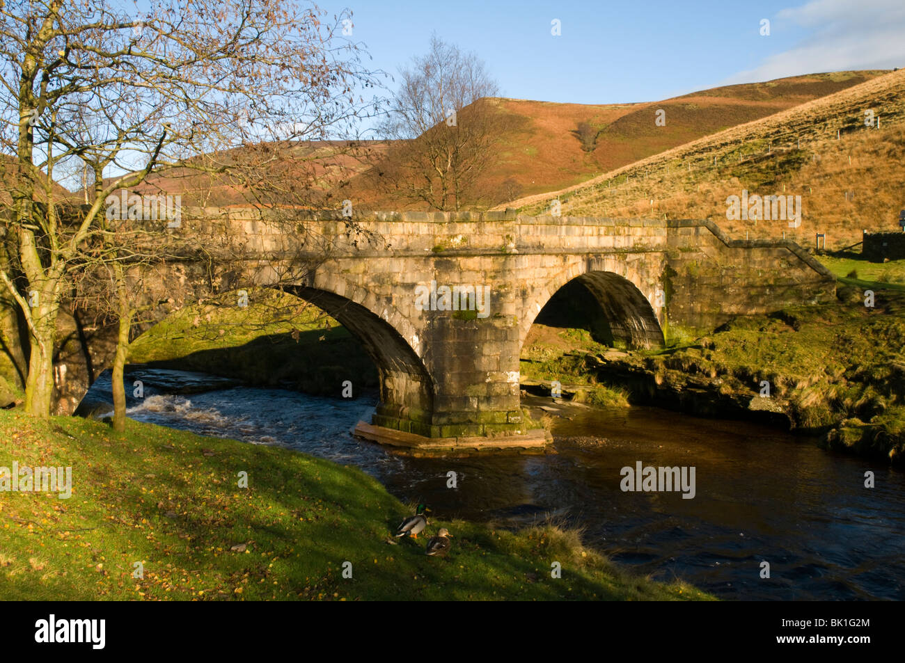 Slippery Stones bridge, a 17th century packhorse bridge, over the River ...