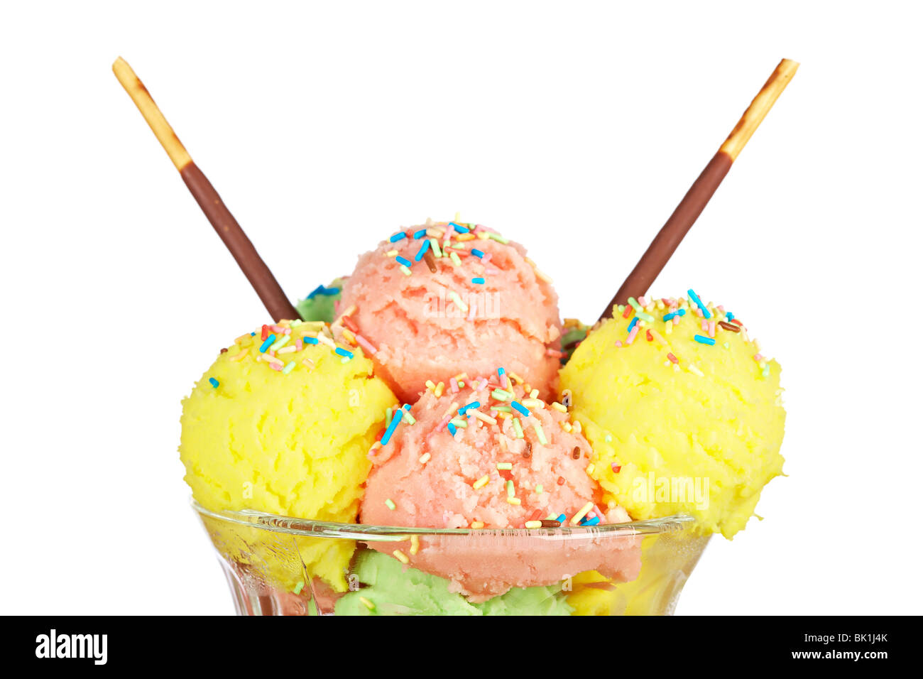 Delicious multi flavor ice cream glass isolated on white background ...