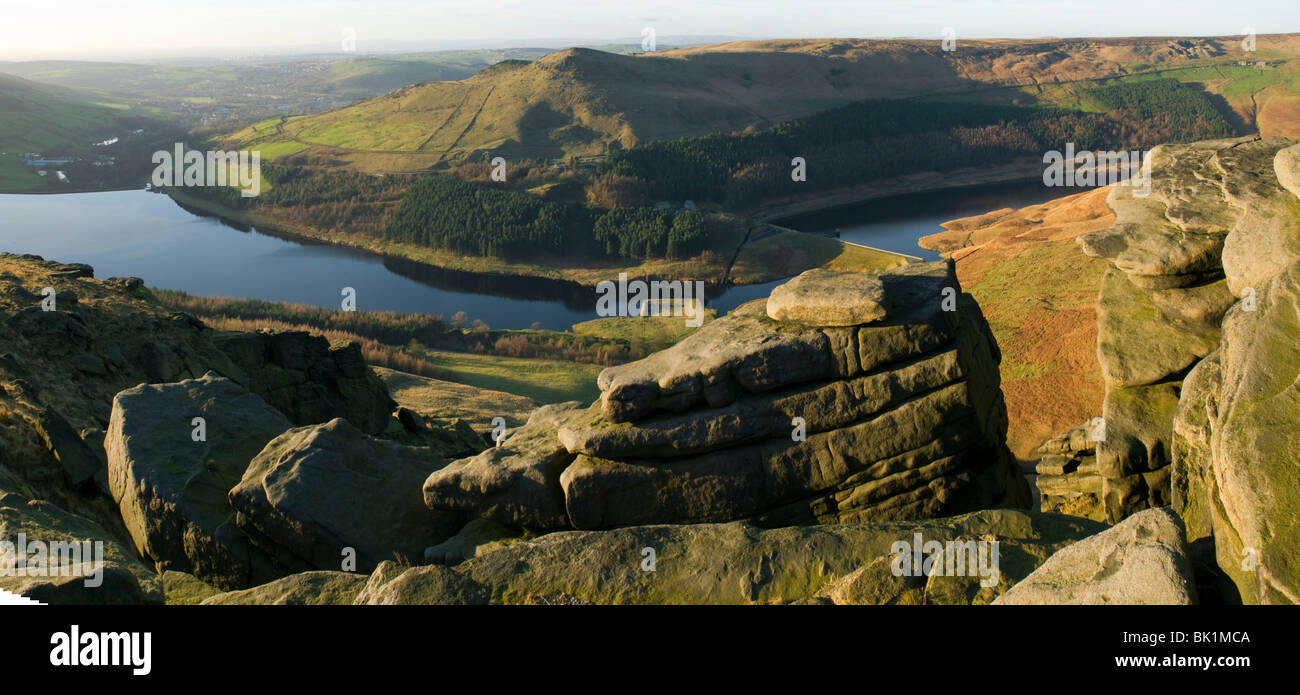 Dove Stone and Yeoman Hey reservoirs from Great Dove Stone Rocks ...