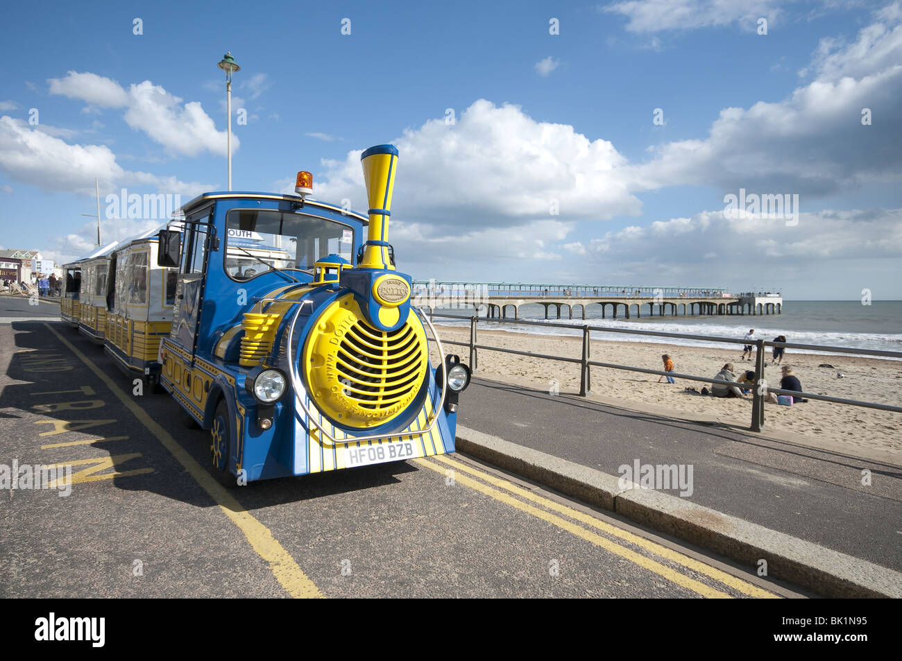 Land train on Boscombe Spa seafront with pier in the distance, near ...