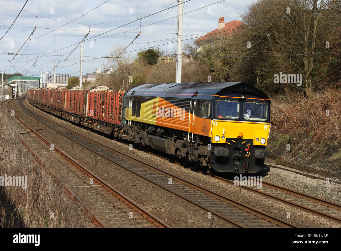 Colas Rail Class 66 number 66843 with a timber train on the West Coast ...