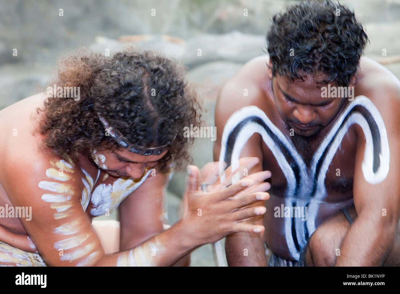 A traditional aboriginal display of fire making at the Tjapukai ...