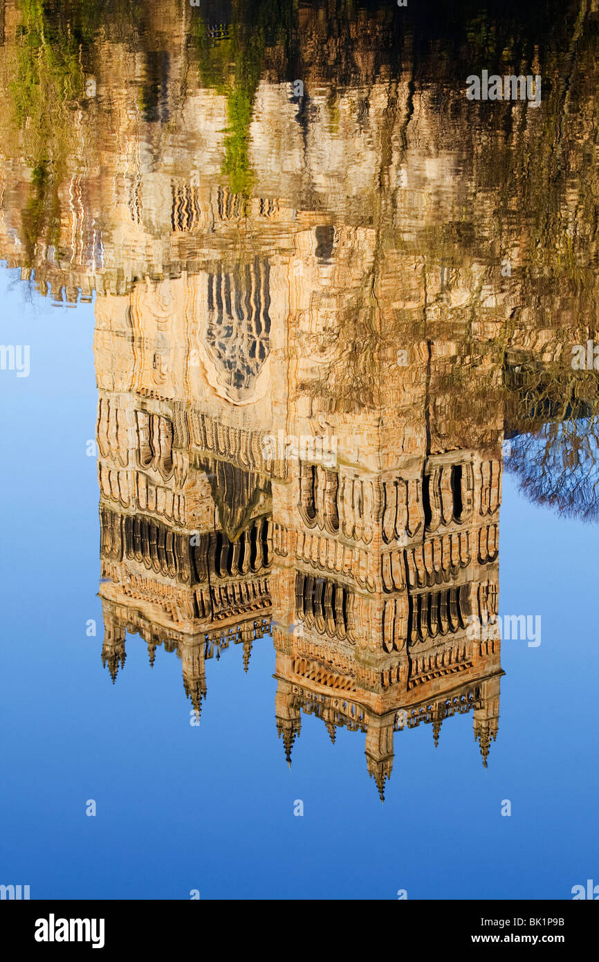 The West Towers of Durham Cathedral reflected in the River Weir on a ...