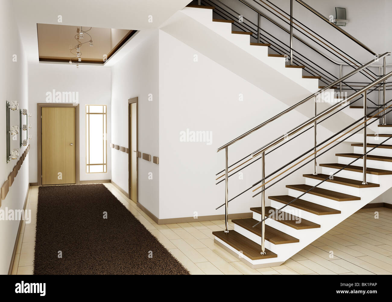 Modern interior of hall with stair 3d render Stock Photo - Alamy