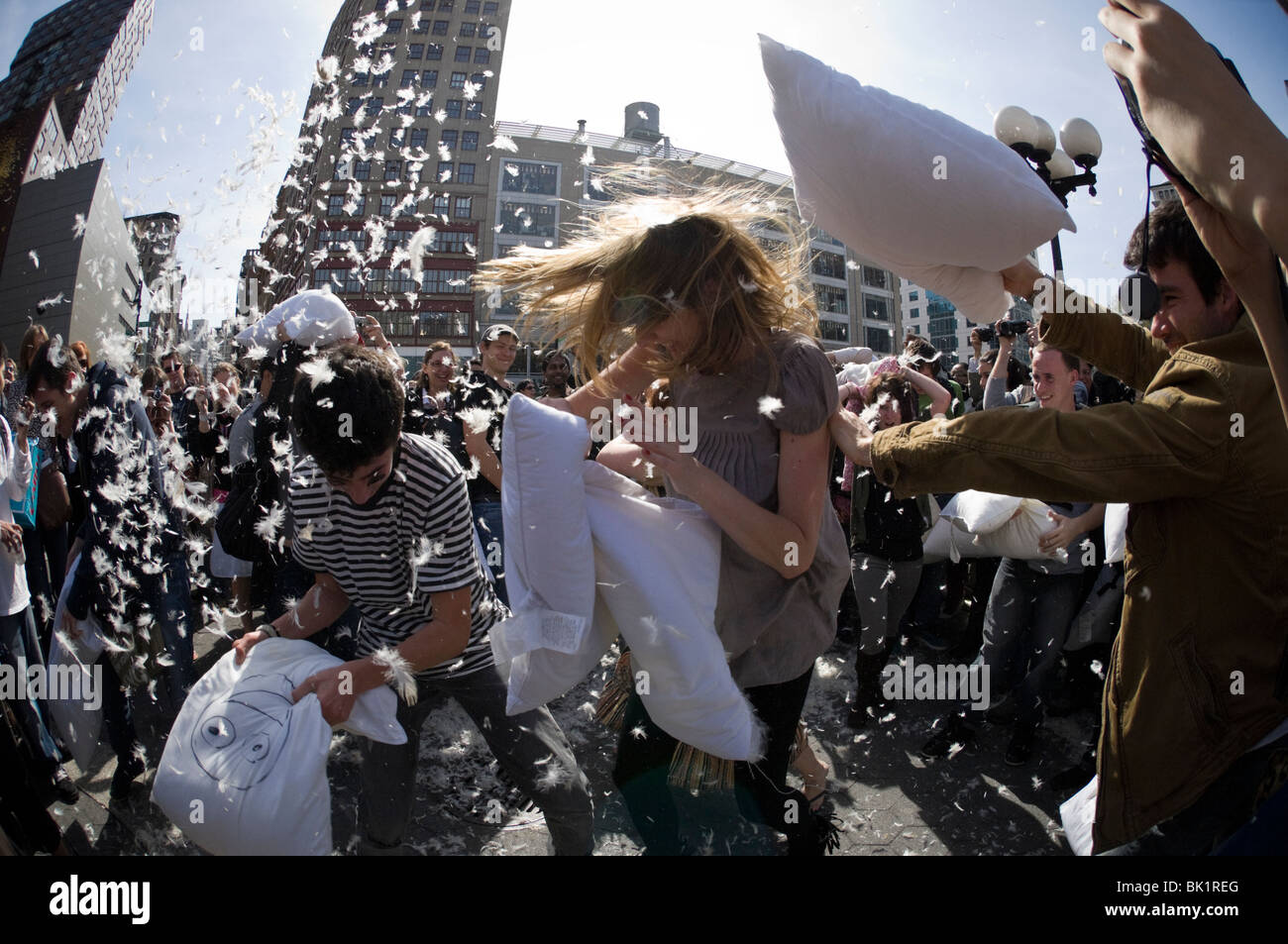 Hundreds of like-minded pillow fighters take out their aggression on ...