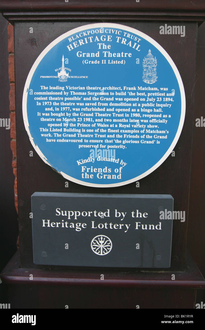 Blue information plaque, Grand Theatre, Blackpool, Lancashire Stock ...