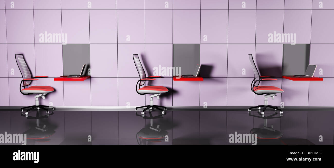Computer workplaces. Laptops,chairs,tables 3d Stock Photo - Alamy