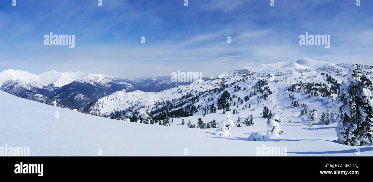 Winter panorama of Western Sayan Mountains. Siberia. Russia Stock Photo ...