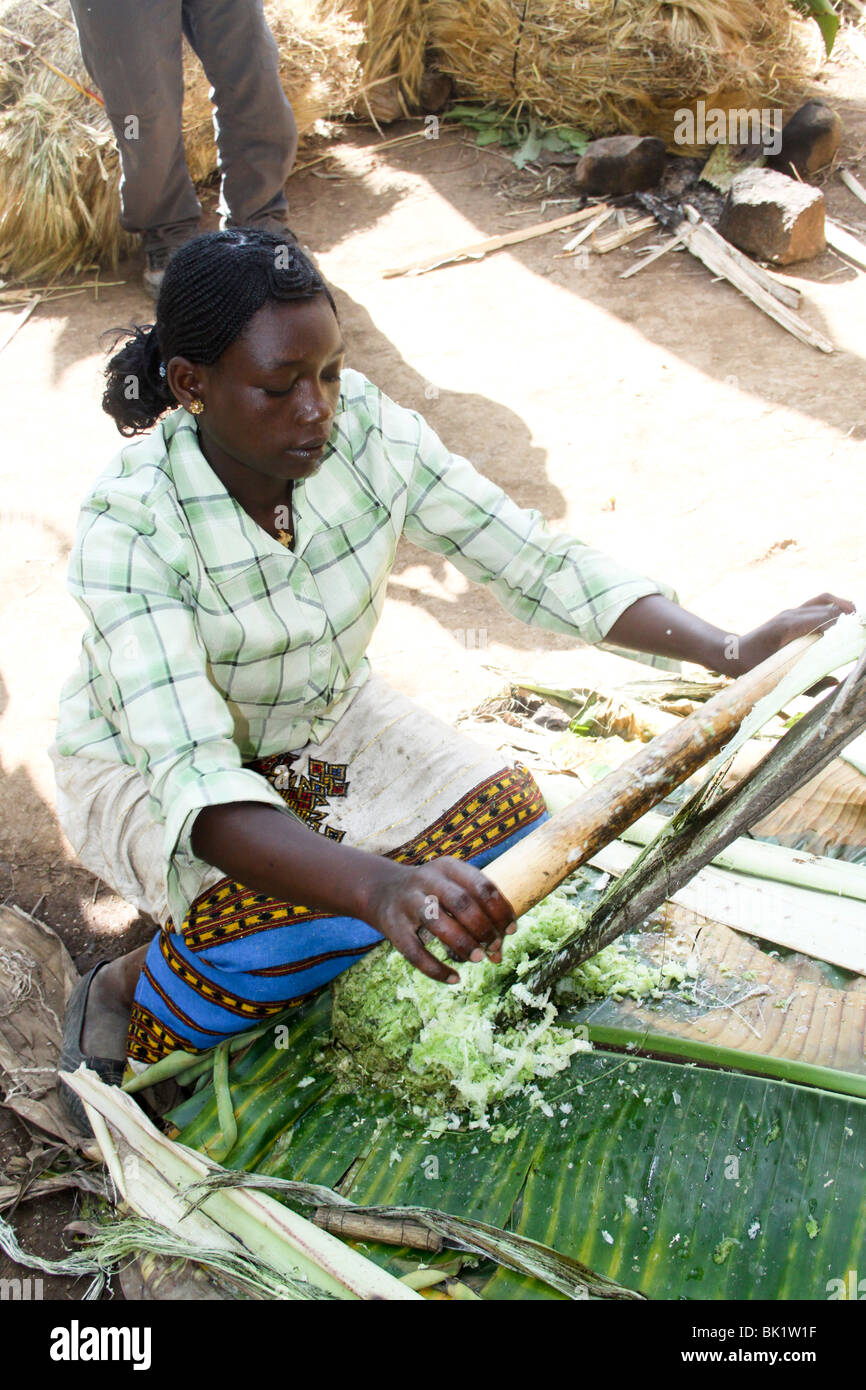 Africa, Ethiopia, Omo region, Chencha, Dorze village. Woman shaving a ...