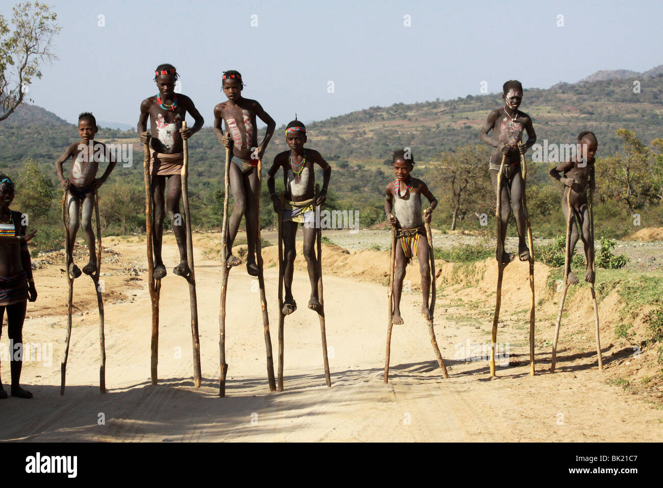Africa, Ethiopia, Konso tribe children on stilts Stock Photo - Alamy