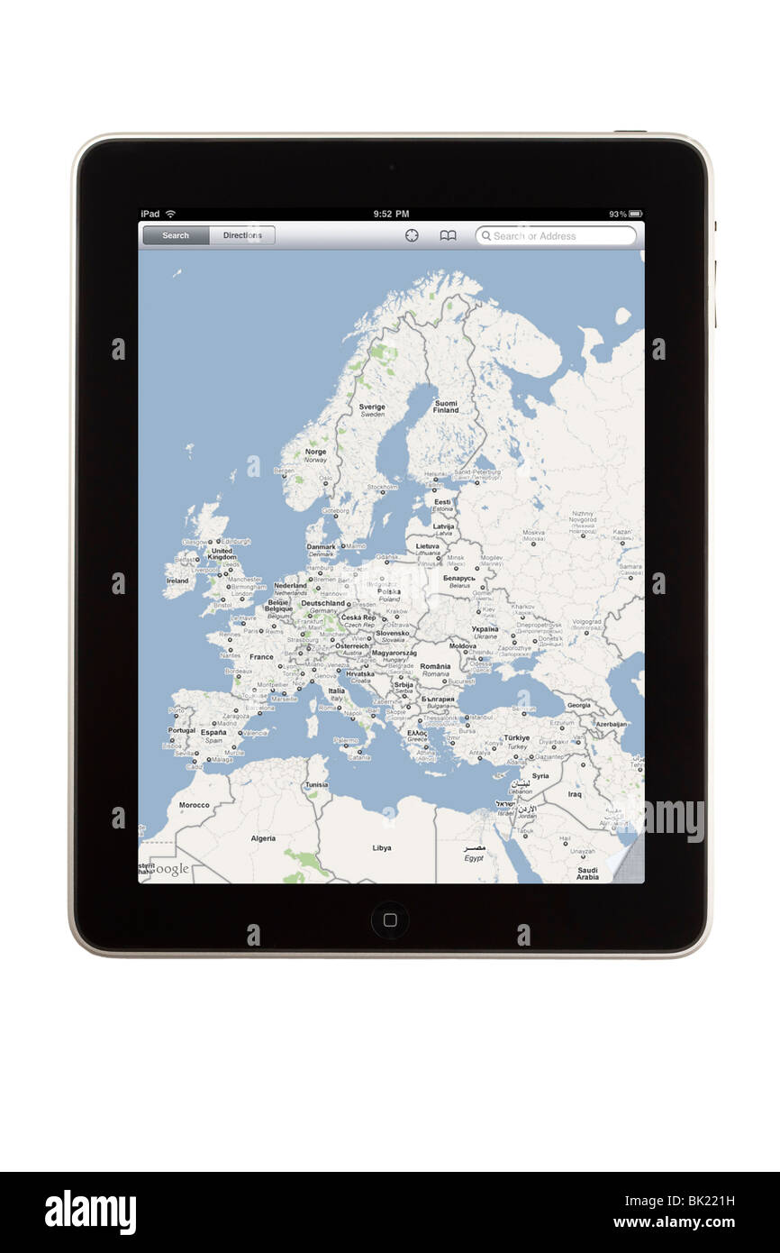 An iPad tablet computer displaying the Maps application highlighting ...