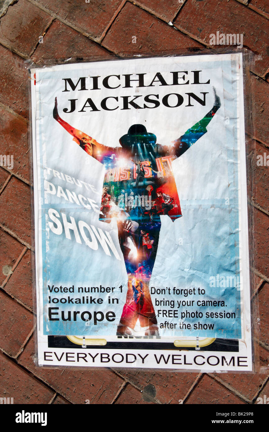 Michael Jackson dance show poster on pavement outside bar in Spain ...
