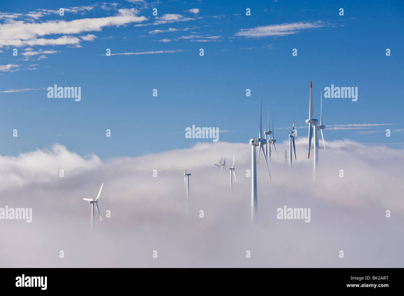 Wind turbines on the high plateau of Paul da Serra above the clouds ...