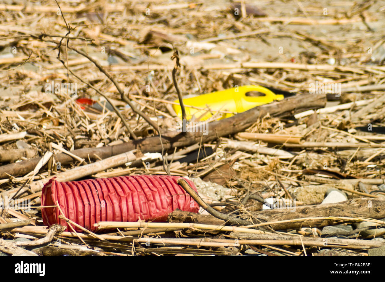 Natural and man made flotsam on a Mediterranean beach after a storm ...