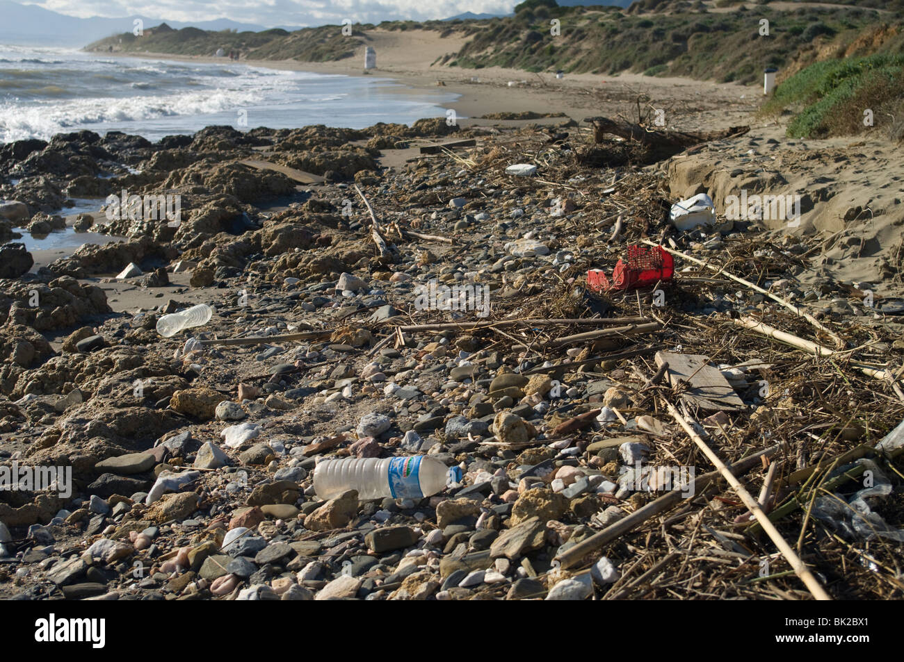 Natural and man made flotsam on a Mediterranean beach after a storm ...