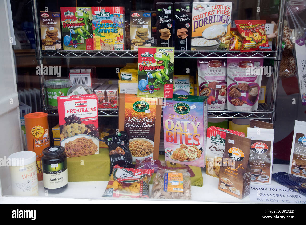 Health food shop window display of cereal products Stock Photo - Alamy