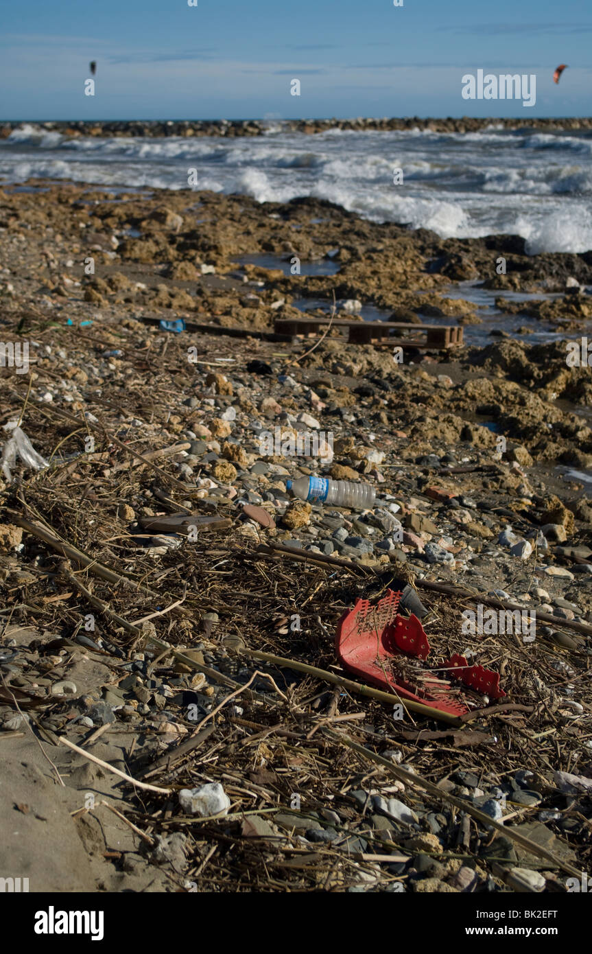 Natural and man made flotsam on a Mediterranean beach after a storm ...