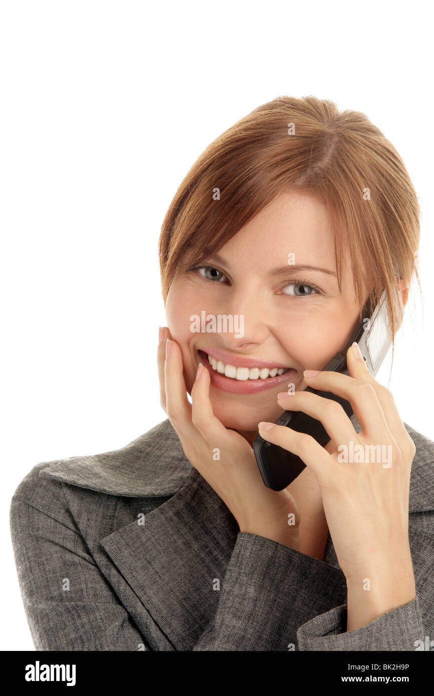 Young woman calling by mobile phone isolated on white background Stock ...