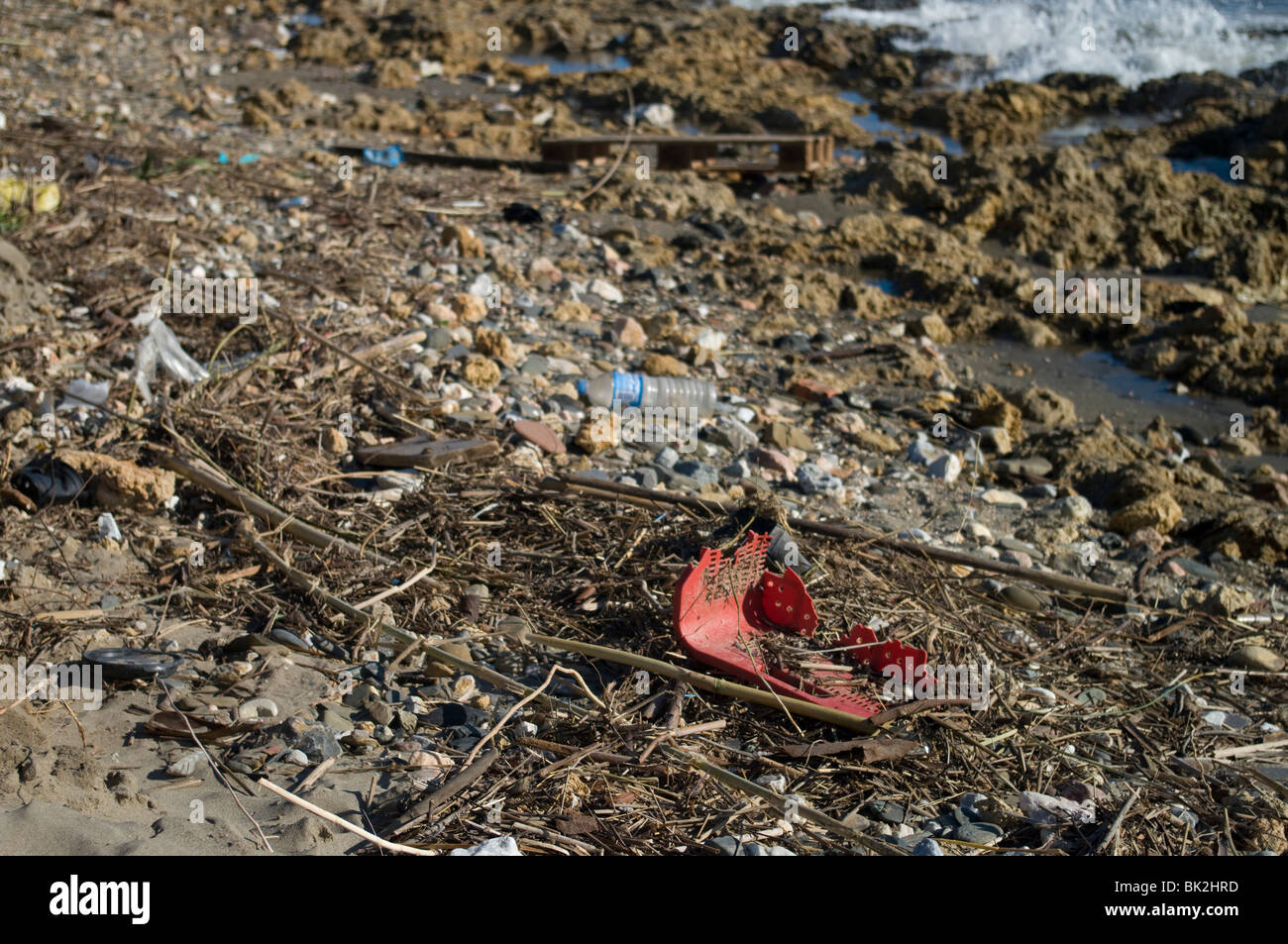 Natural and man made flotsam on a Mediterranean beach after a storm ...
