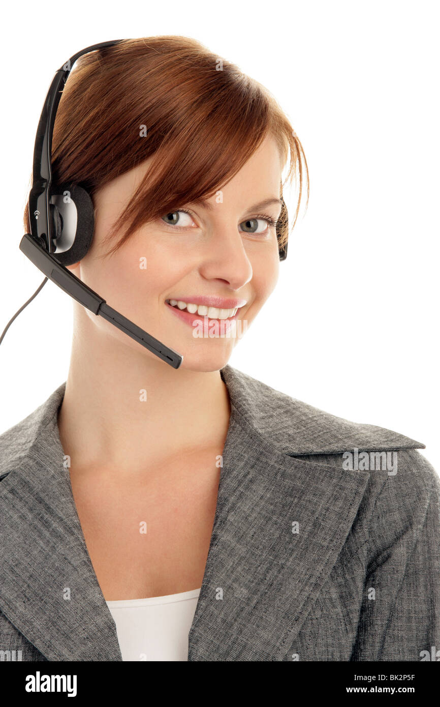 Young telephone operator wearing headset isolated on white background ...