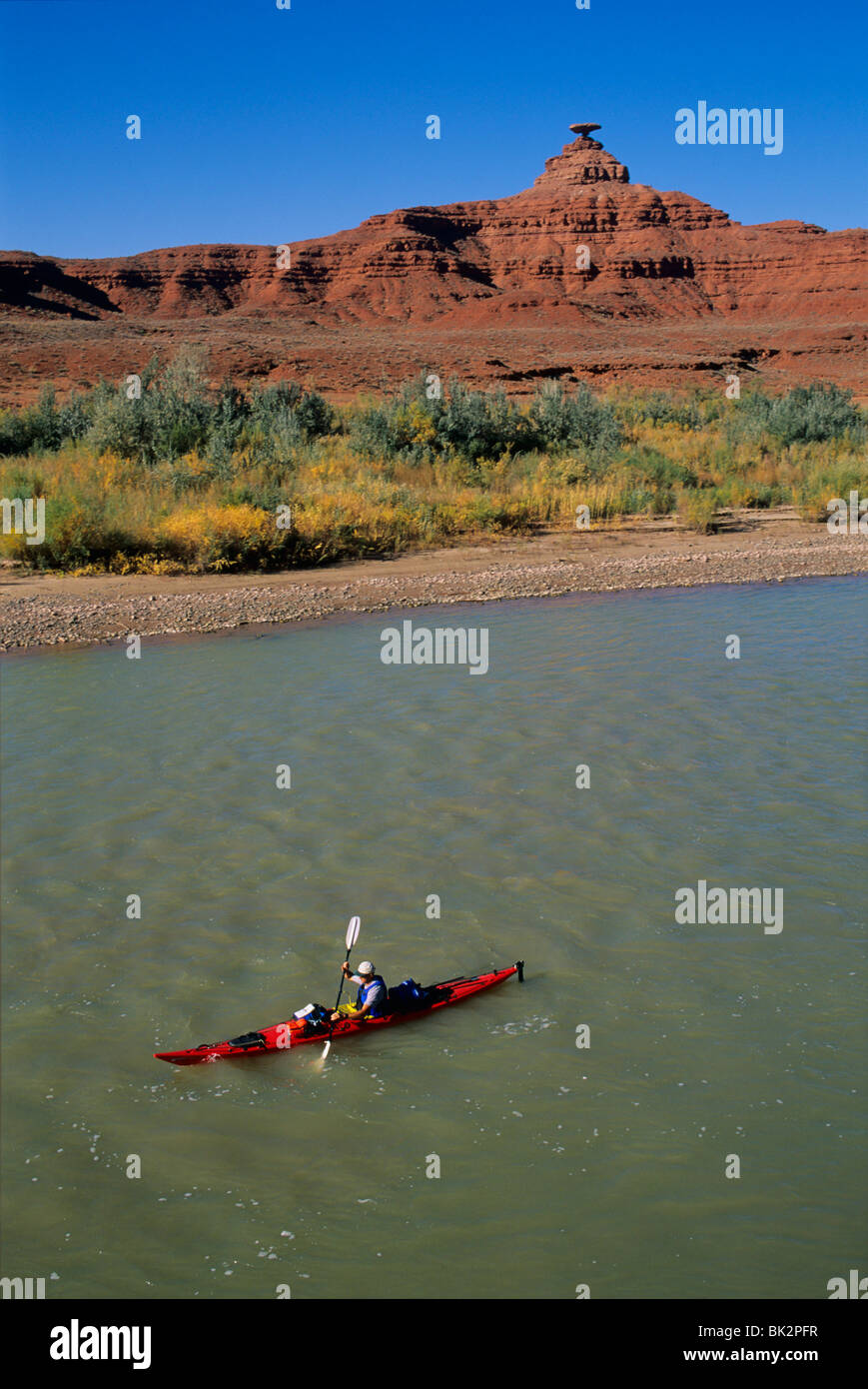 Kayaking on the San Juan River with the "Mexican Hat" formation in the ...