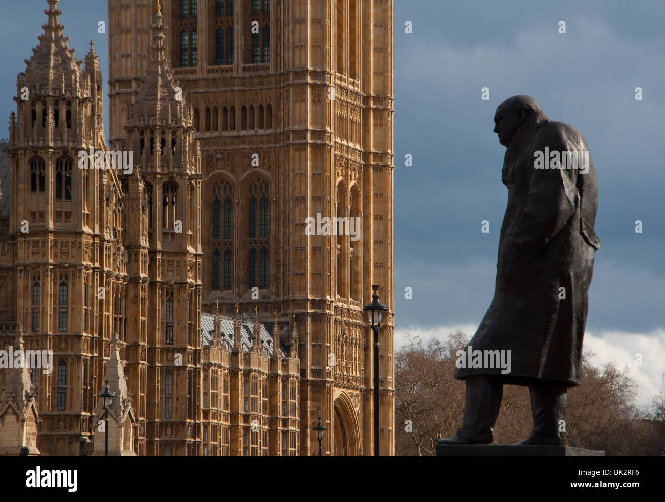 Churchill and Parliament, London. UK Stock Photo - Alamy