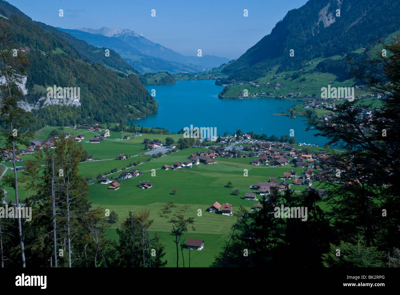 Swiss landscape with a view of Lungern, showing the section of Obsee ...